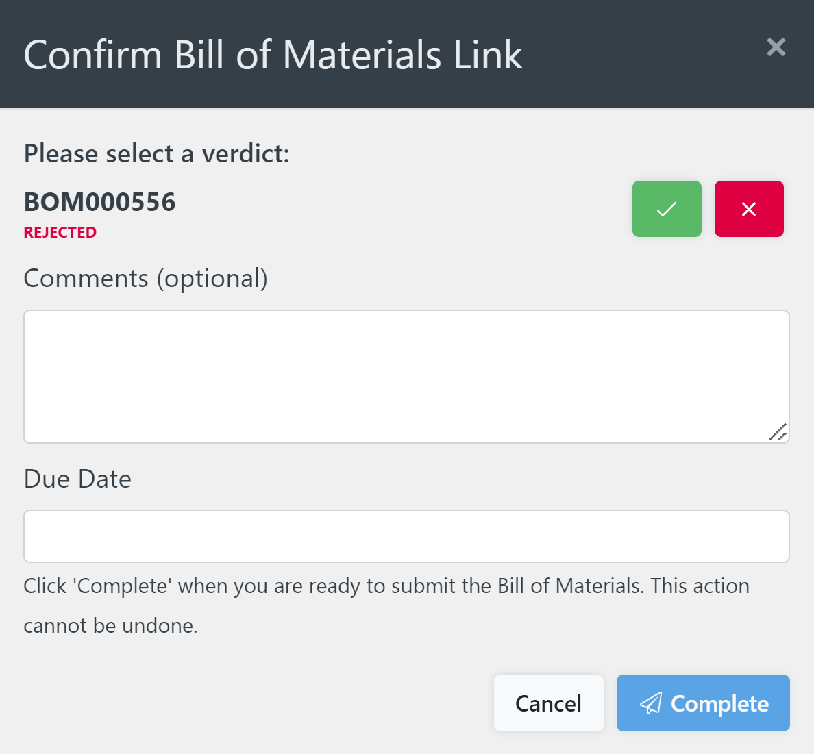 Confirm a Bill of Materials Link (Task) – e-halo