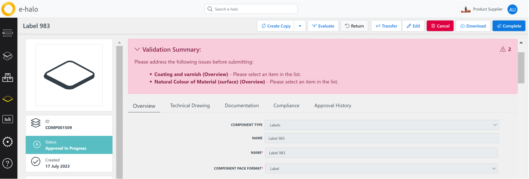 Confirm/Reject a Component (Task) – e-halo