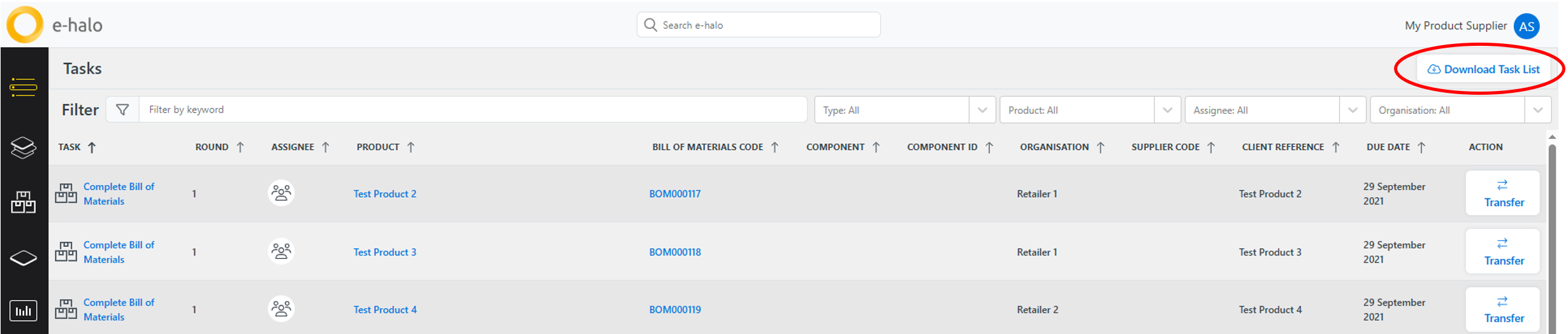 Download Lists: Components, Products, Bills of Materials and Tasks – e-halo